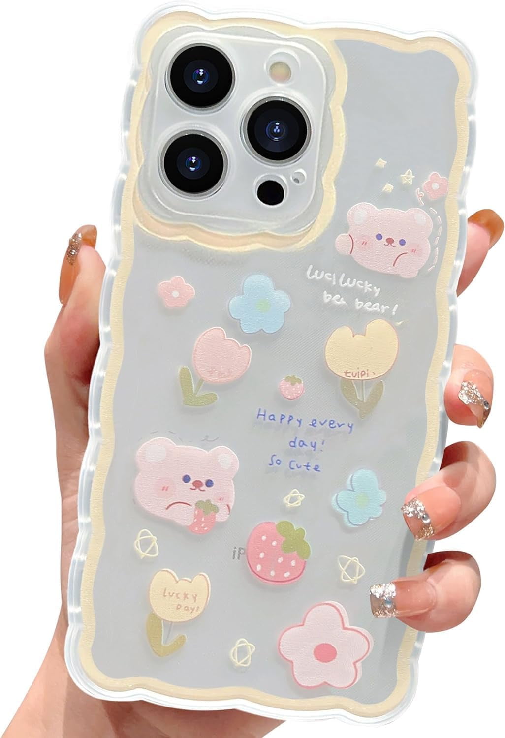 Case for iPhone 13 Pro Max, Cute Cartoon Flower Strawberry Bear Floral ...