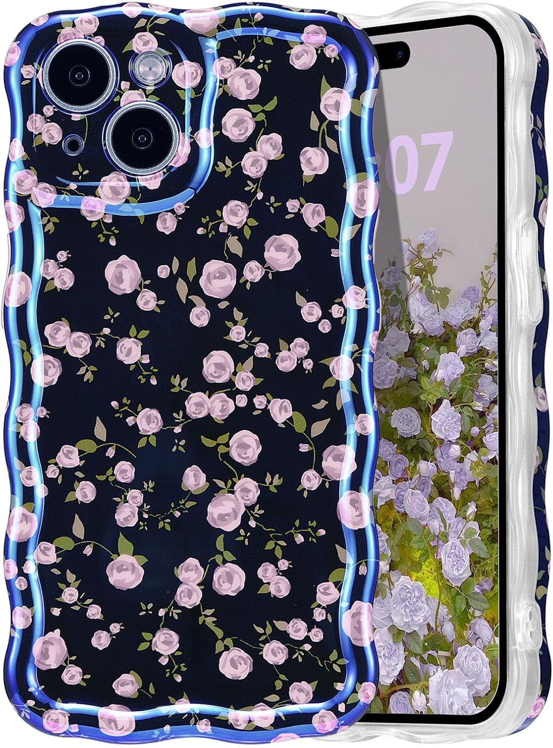 Case for iPhone 14, Cute Rose Flower Laser Glossy Pattern Curly Wave ...
