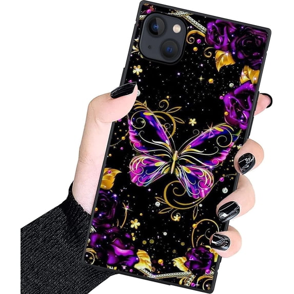 Case for iPhone 15 Max/Plus,Purple Roses Butterflies Classic Checkered ...