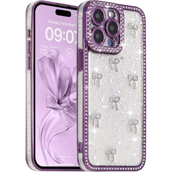 Case for iPhone 15 Pro,3D Silvery Ribbon Bow,Crystal Clear Glitter ...
