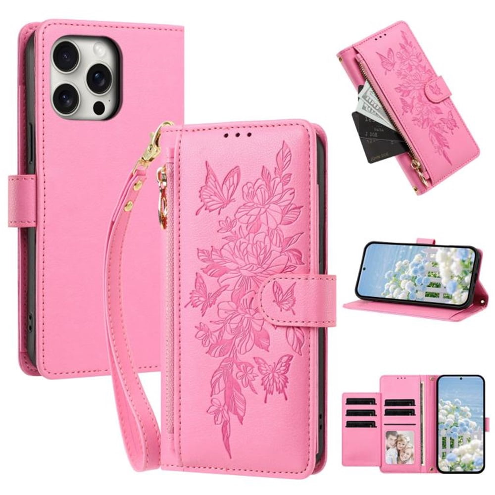 Case For iPhone 15 Pro Max Butterfly Flower Multi-card Holder Zipper ...