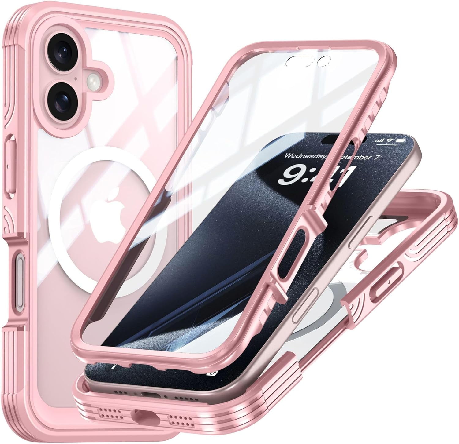 Case for iPhone 16,Full-Body Rugged Protective Clear Back Hybrid Magnetic Wireless Charging TPE ...