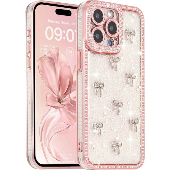 Case for iPhone 16 Plus,3D Silvery Ribbon Bow,Crystal Clear Glitter ...