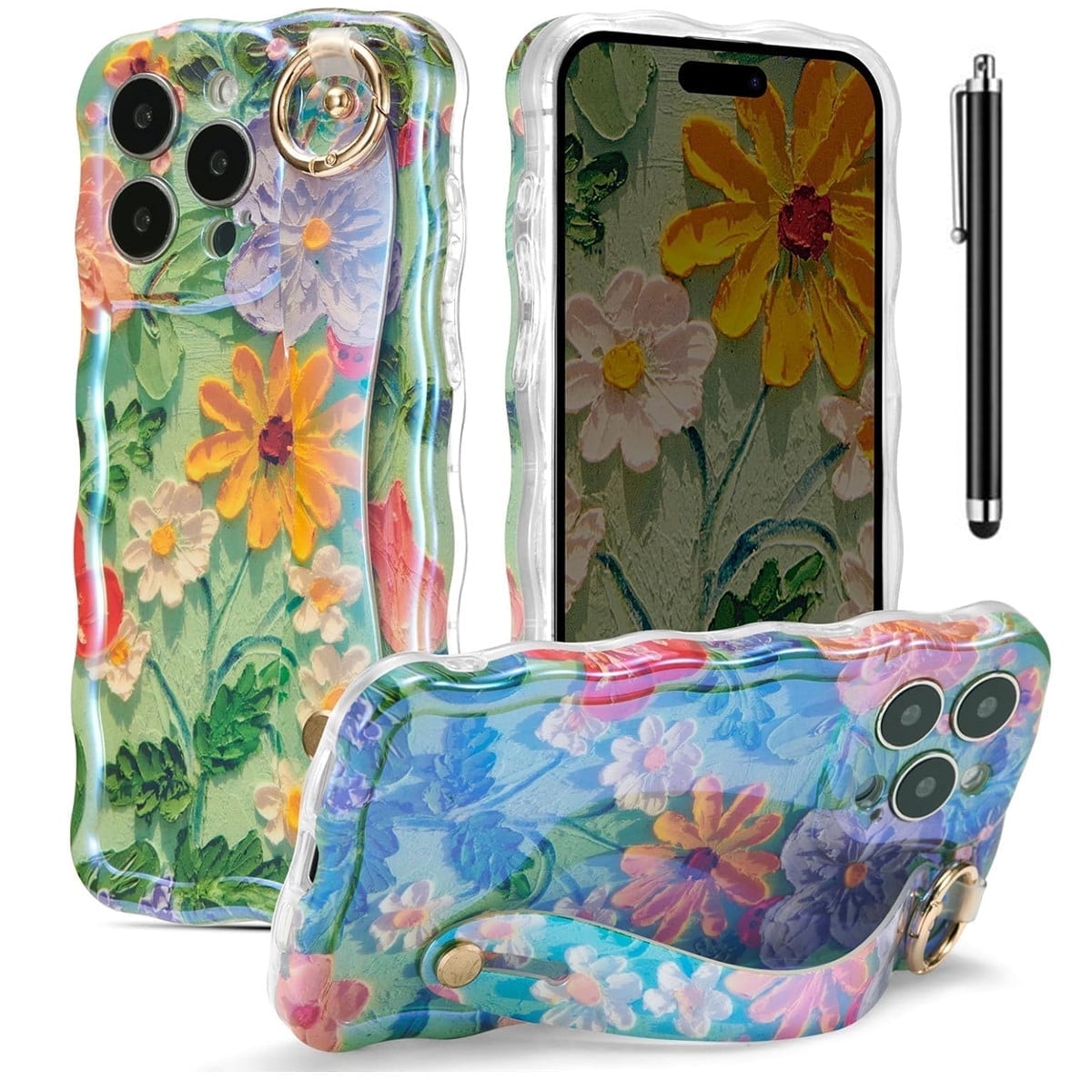 Case for iPhone 16e , Colorful Oil Painting Flower Case with Phone Grip Pretty Glossy Wave Cover ...