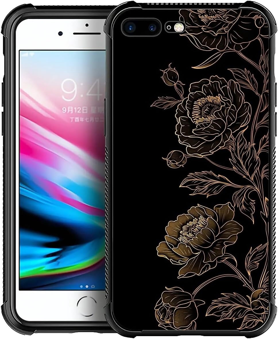 Case for iPhone 7 Plus/8 Plus Case, Gold Blooming Flower Dark Pattern ...