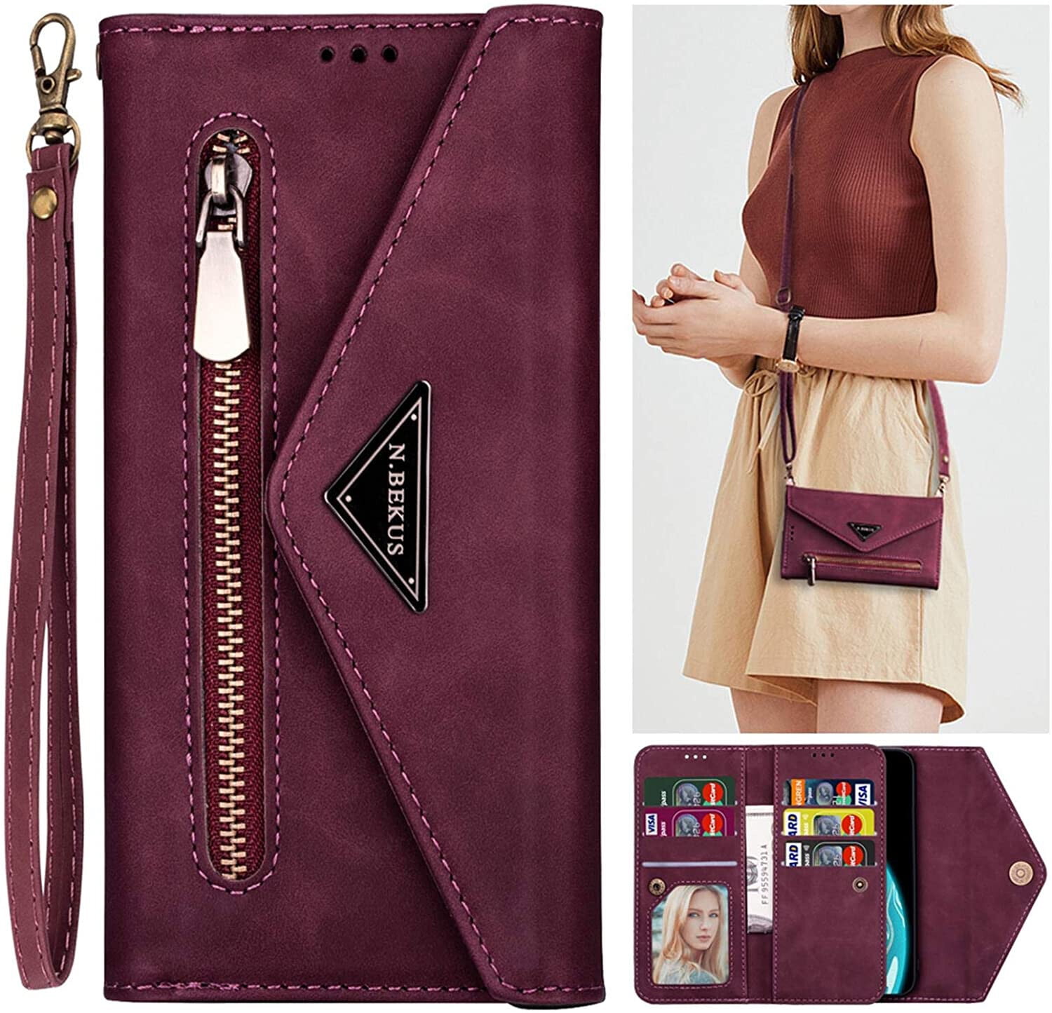 GANGXUN Detachable Crossbody Lanyard Zipper Wallet Cell Phone Case with ...