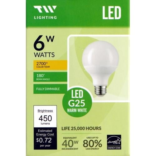 Case of 50 - TW Lighting 6W LED Globe G25 Light Bulb Fully Dimmable ...