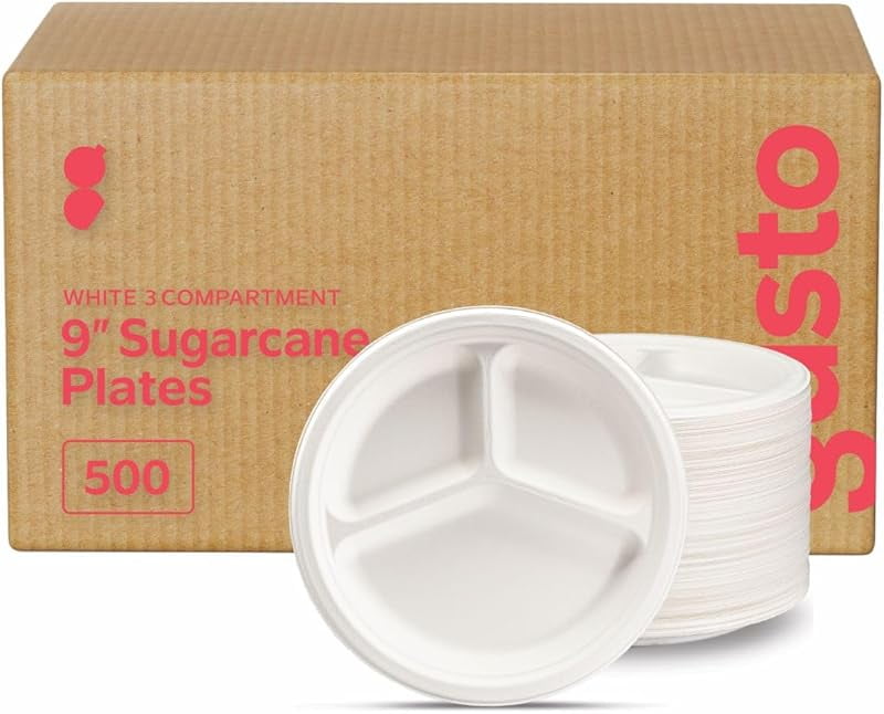 [Case of 500 9 Inch 100% Compostable 3 Compartment Paper Plates, White ...