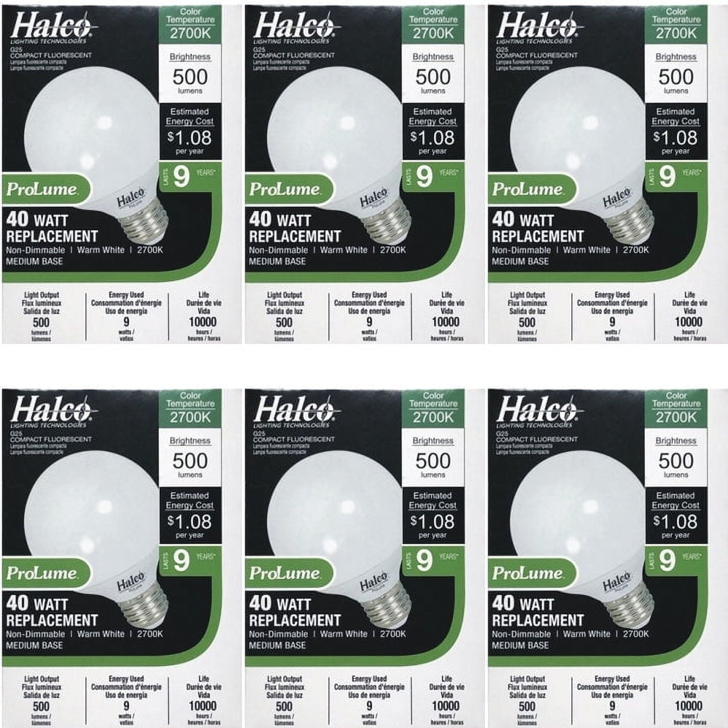 Case of 6 - Halco ProLume 9W Decorative Globe G25 CFL Bulb - Warm White ...