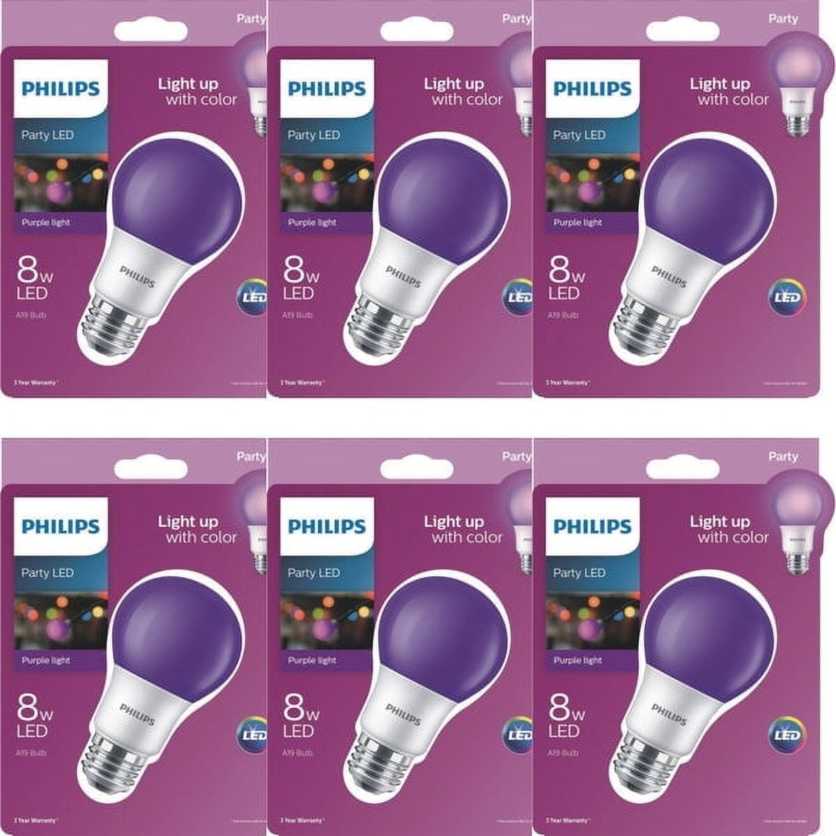 Case of 6 - Philips Party LED 8W A19 Light Bulb (Purple) 60W ...