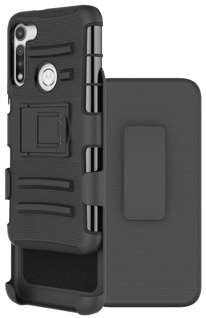 Case with Clip for Moto G Fast, Black Rugged Cover [with Viewing Stand ...