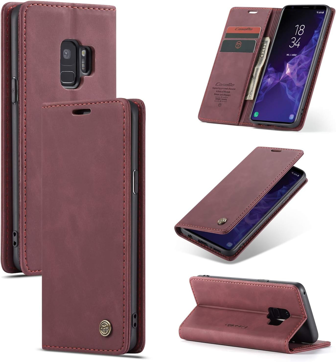 CaseMe Leather Wallet Cell Phone Case for Samsung Galaxy S9, Red ...