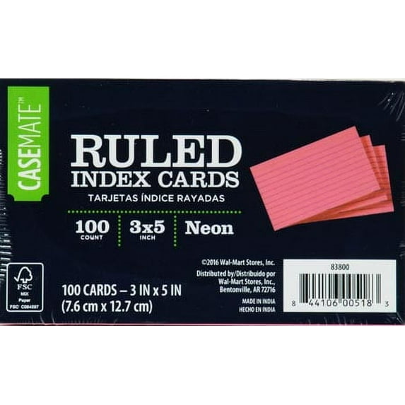 Casemate 3x5 Neon Pink Index Cards- 100 Count - Walmart.com