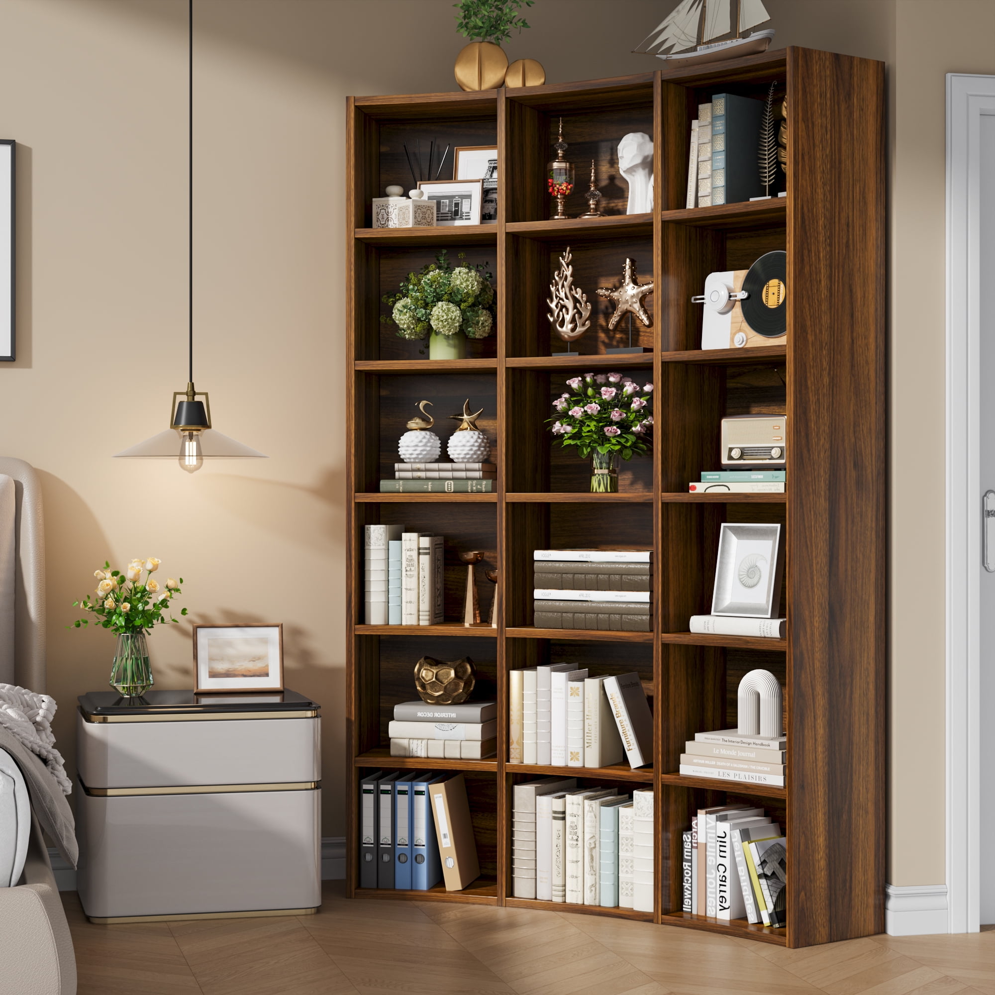 Casendy 71" Triple Width Curved Bookcase, 18-Cube Bookshelf Corner ...