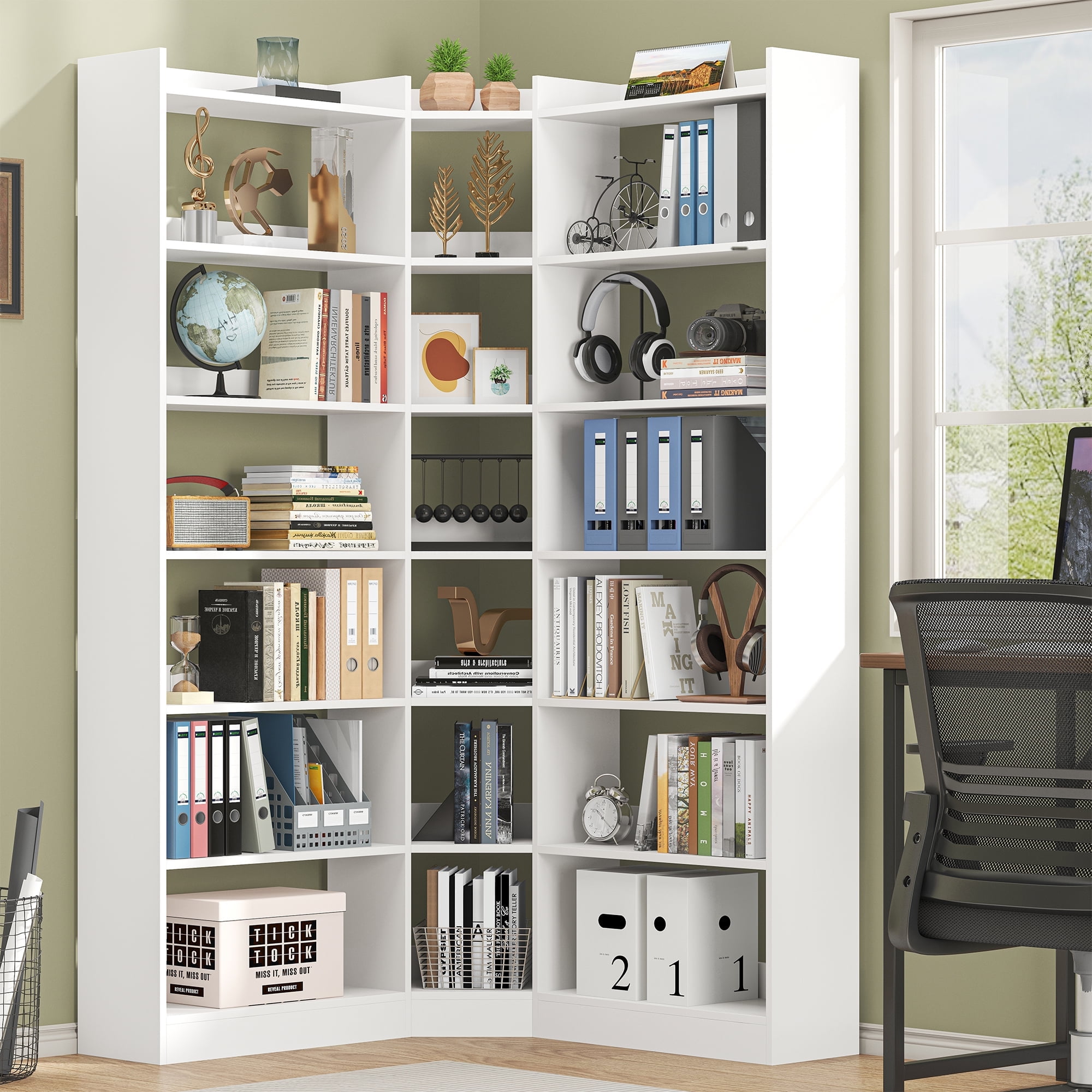 Casendy Tall Corner Bookshelf, Large Farmhouse 7 Tier Bookcase, L-Shape ...