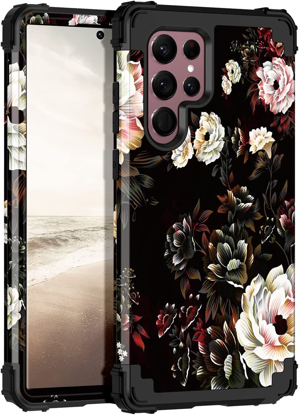 Casetego for Samsung Galaxy S22 Ultra 5G Case Floral Shockproof Heavy Duty 3 in 1 Hybrid Sturdy ...