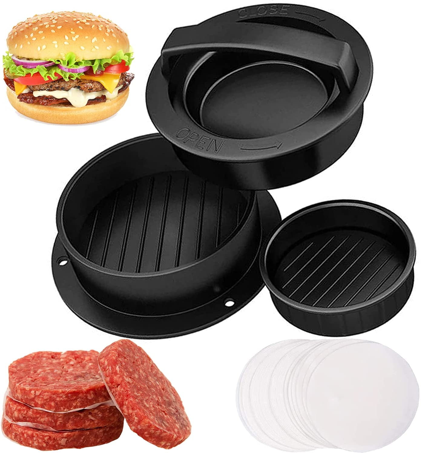 Casewin 3 in 1 Hamburger Press Patty Maker, Non Stick Handle Round ...