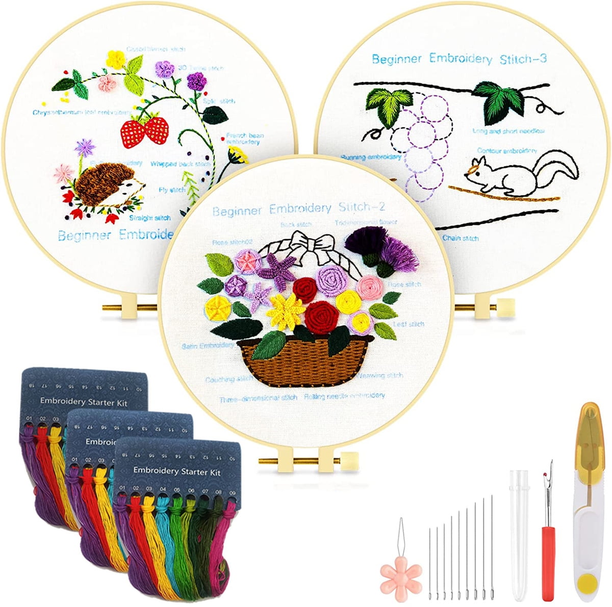 Casewin 3 Pack Embroidery Starter Kit for Beginners, Stamped Embroidery ...
