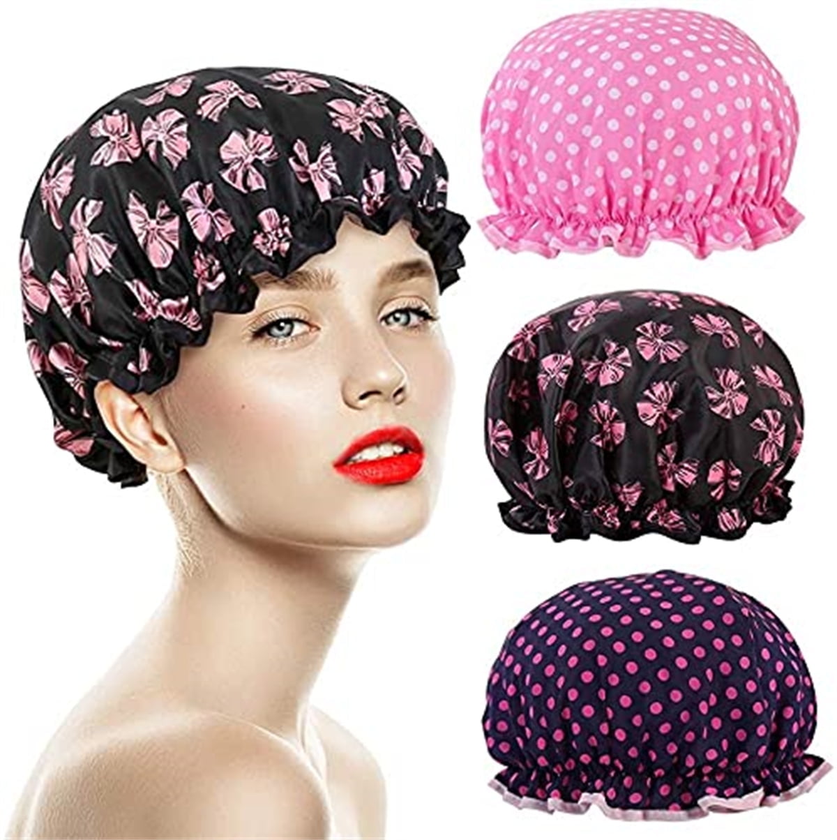 Casewin 3 Packs Double layer Shower Cap Waterproof Elastic Bath Cap for ...