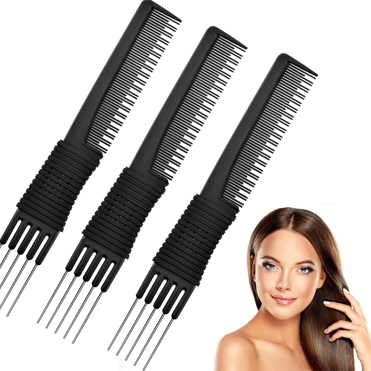 Casewin 3pc Black Carbon Lift Teasing Combs with Stainless Steel Prongs ...