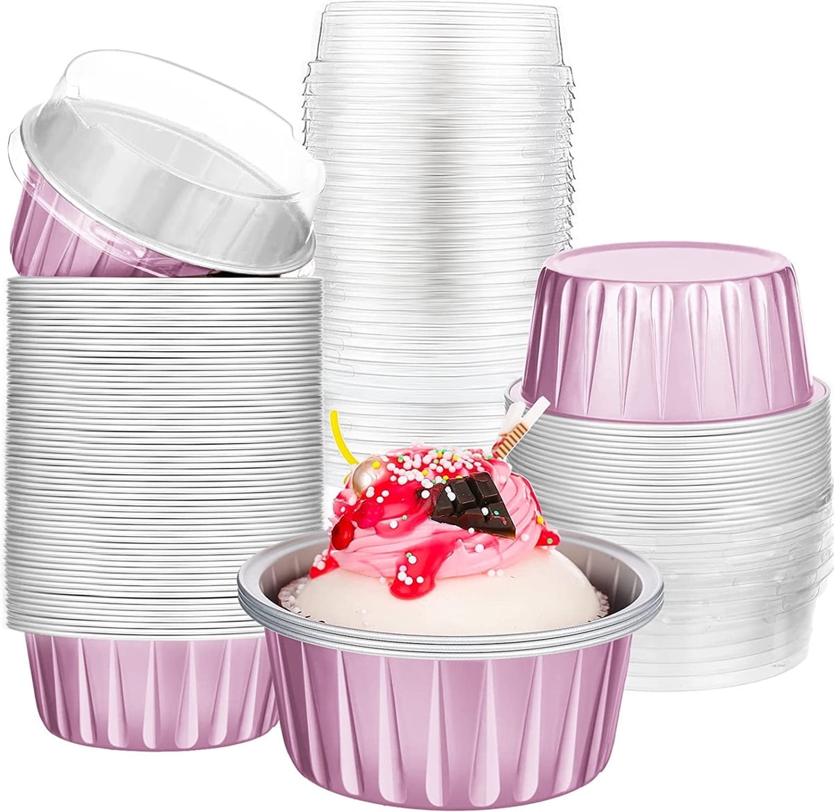 Casewin Cupcake Liners with Lids, 50pcs 5 oz Aluminum Foil Baking Cups ...