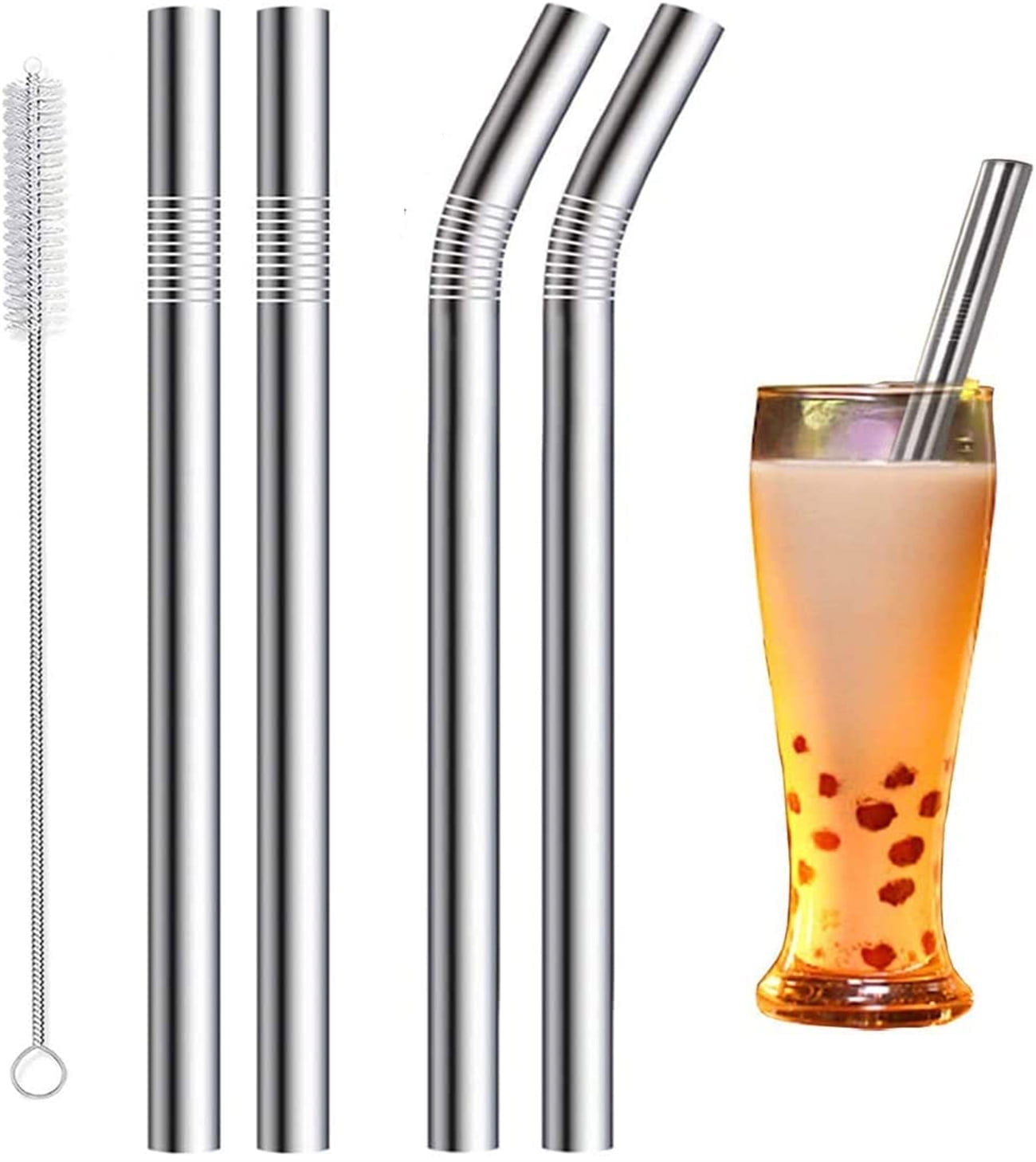 Casewin Jumbo Smoothie Straws Stainless Steel, Set of 5 Metal Milkshake ...