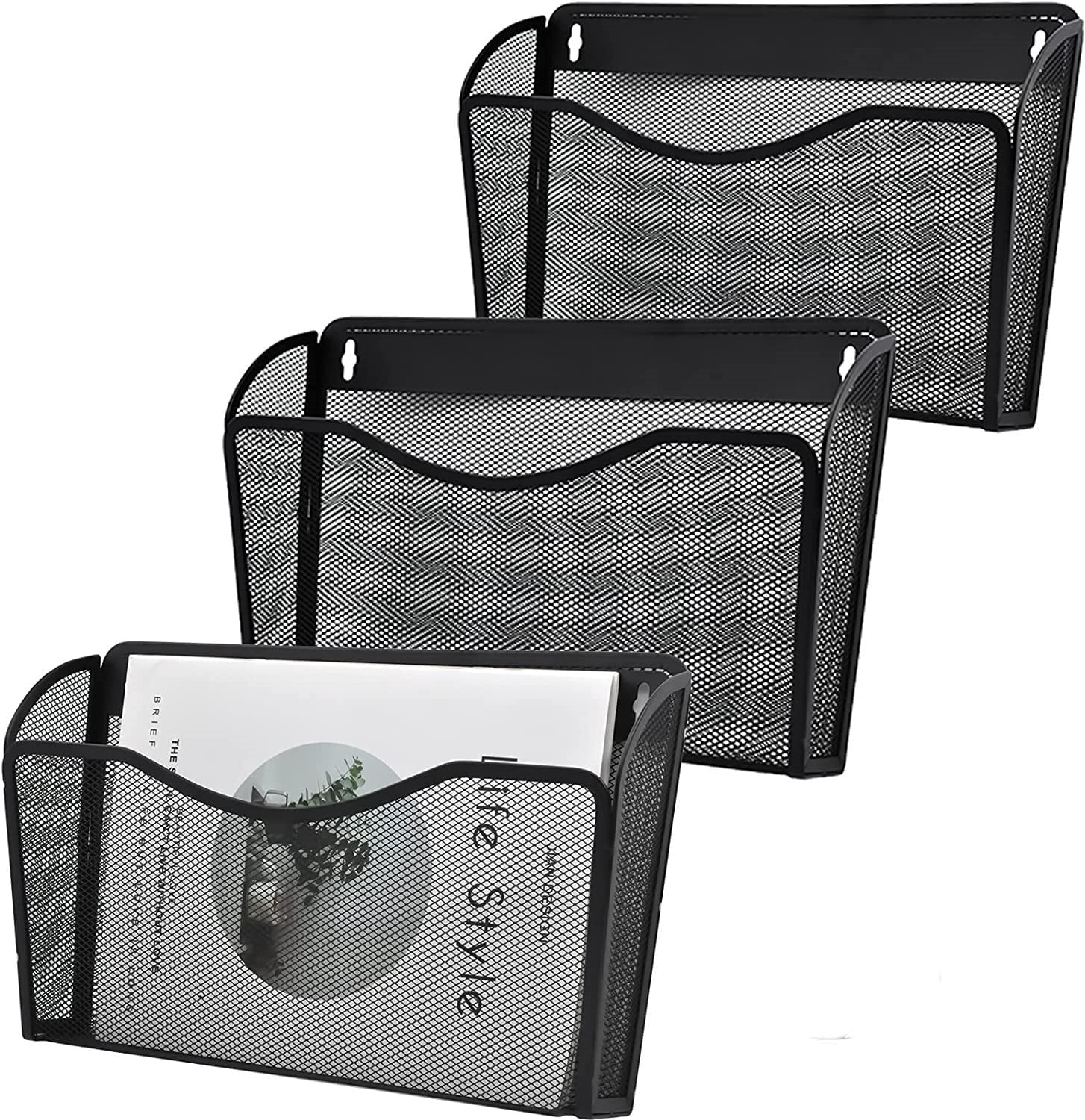 Casewin Metal Mountable Single Vertical Folder Rack, 3-Pocket Wire Mesh ...