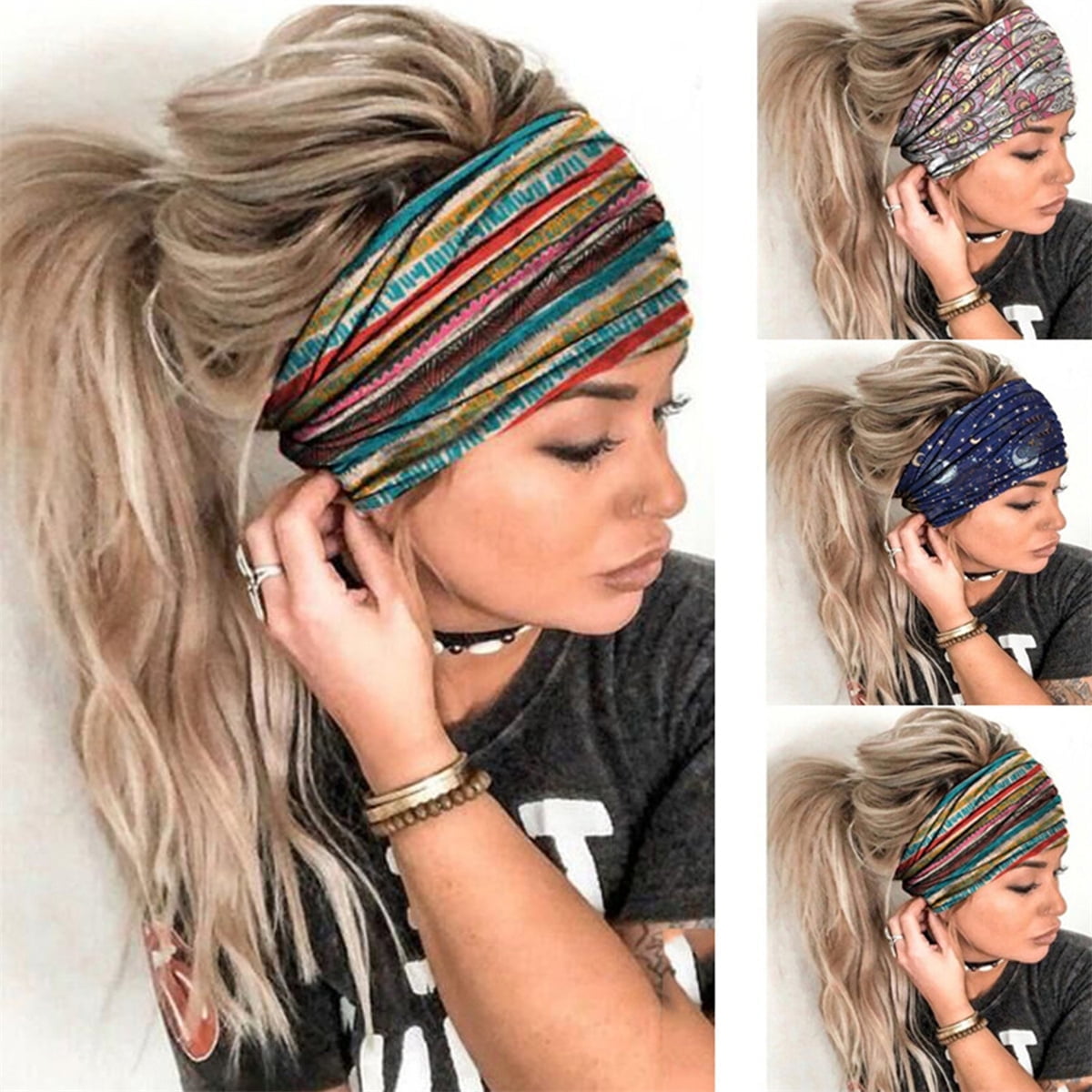 Casewin Boho Headband 4-Pack, Wide Turban Wraps, Stretchy Hair Bands ...