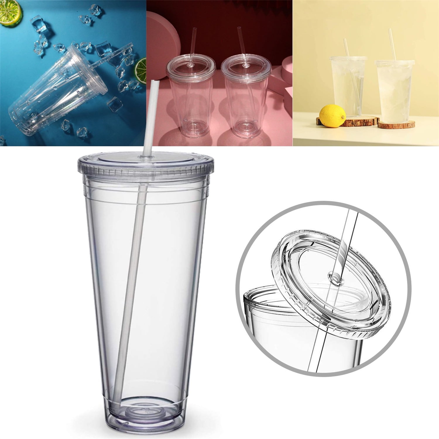 Casewin Reusable Plastic Cups, Double-Walled Transparent Drinking Cup ...