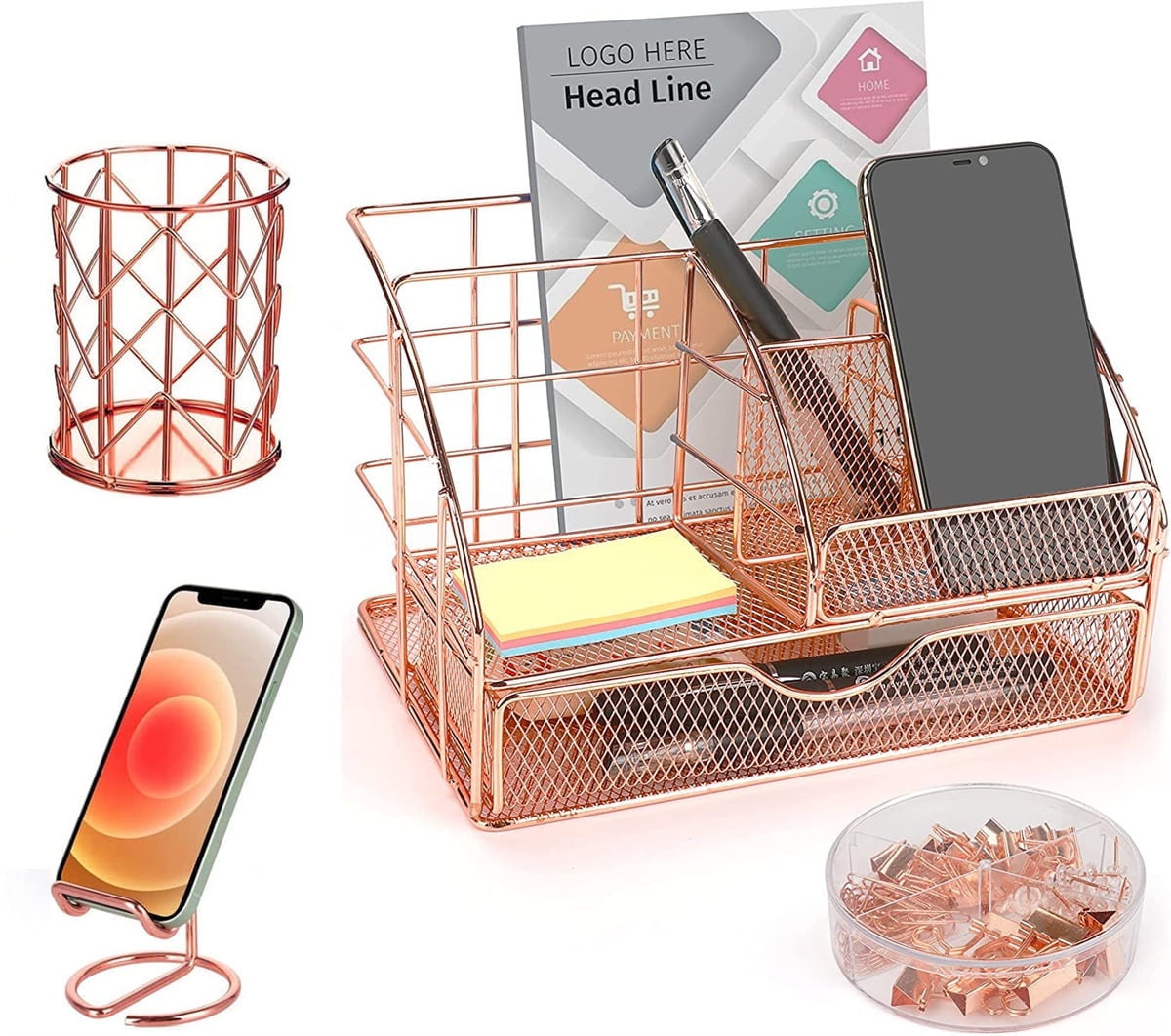 Casewin Rose Gold Desktop Organizer, Mesh Metal Multi-Use Stationery ...