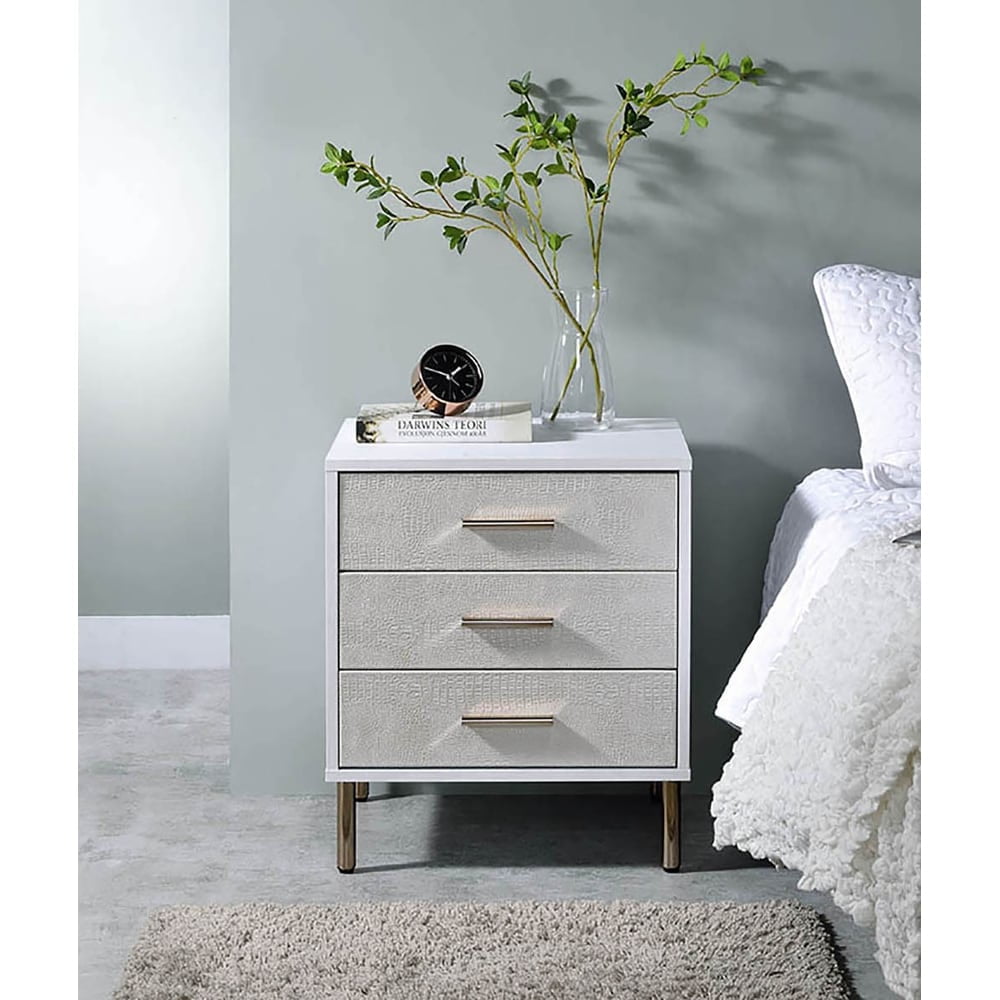 Casey 3-Drawer Nightstand with Metal Bracket Leg White/Champagne/Gold ...