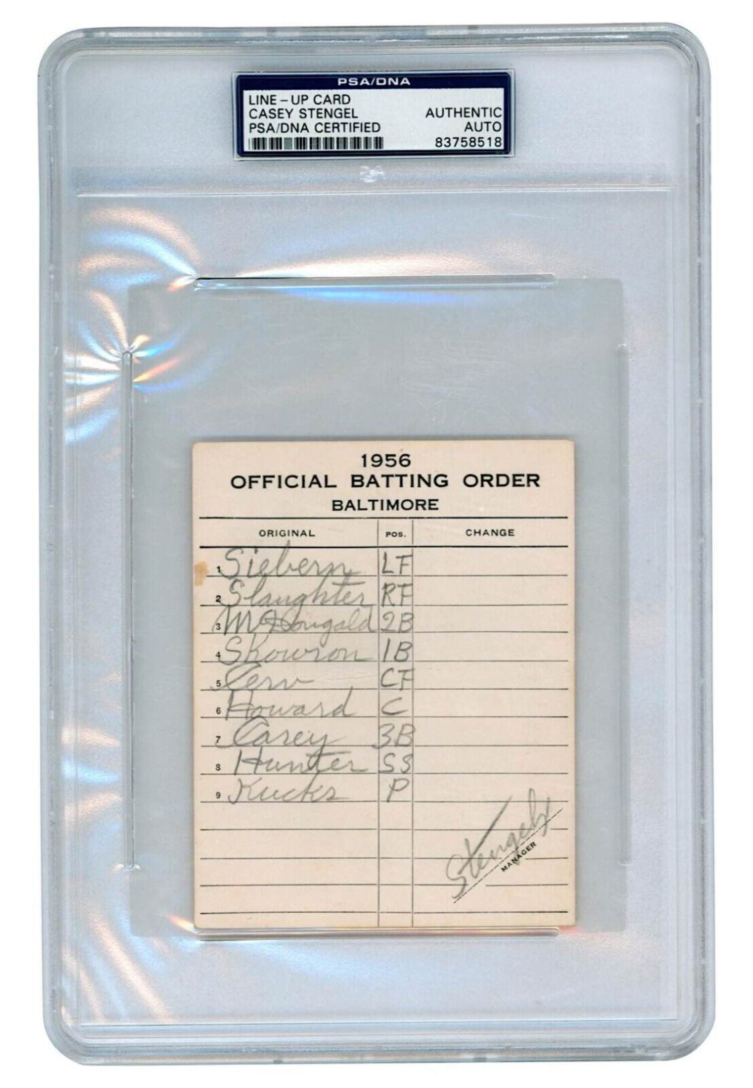 Casey Stengel Signed Handwritten 1956 New York Yankees Game Used Lineup ...