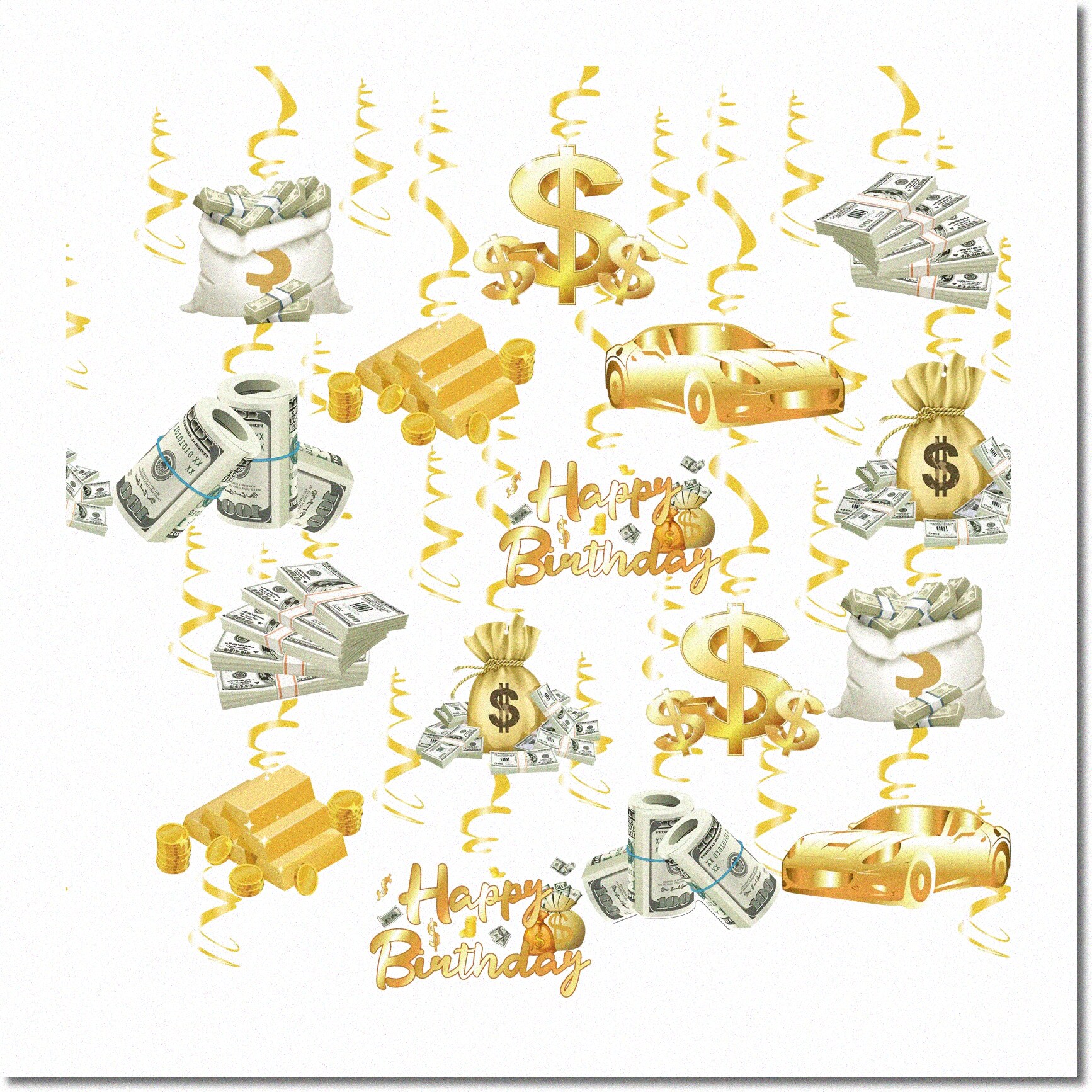 Cash Bash Ceiling Swirls - 30 Fully-Assembled Gold Hanging Decorations ...