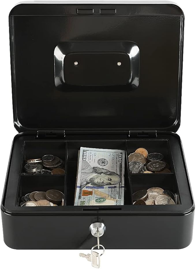 Cash Box-- Locking Steel Medium Cash Box with Removable Coin Tray and ...