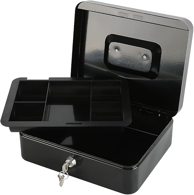 Cash Box-- Locking Steel Medium Cash Box with Removable Coin Tray and ...