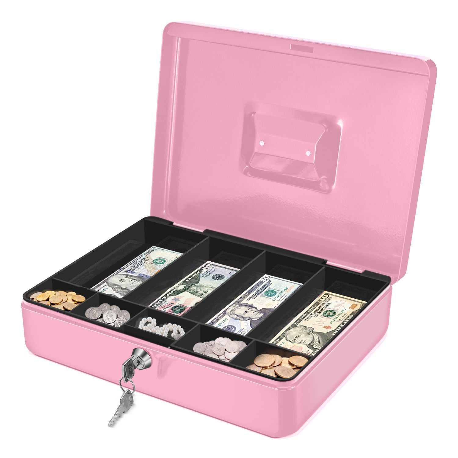 Cash Box with Money Tray, 2 Keys, Pink Security Lock Box with Removable ...