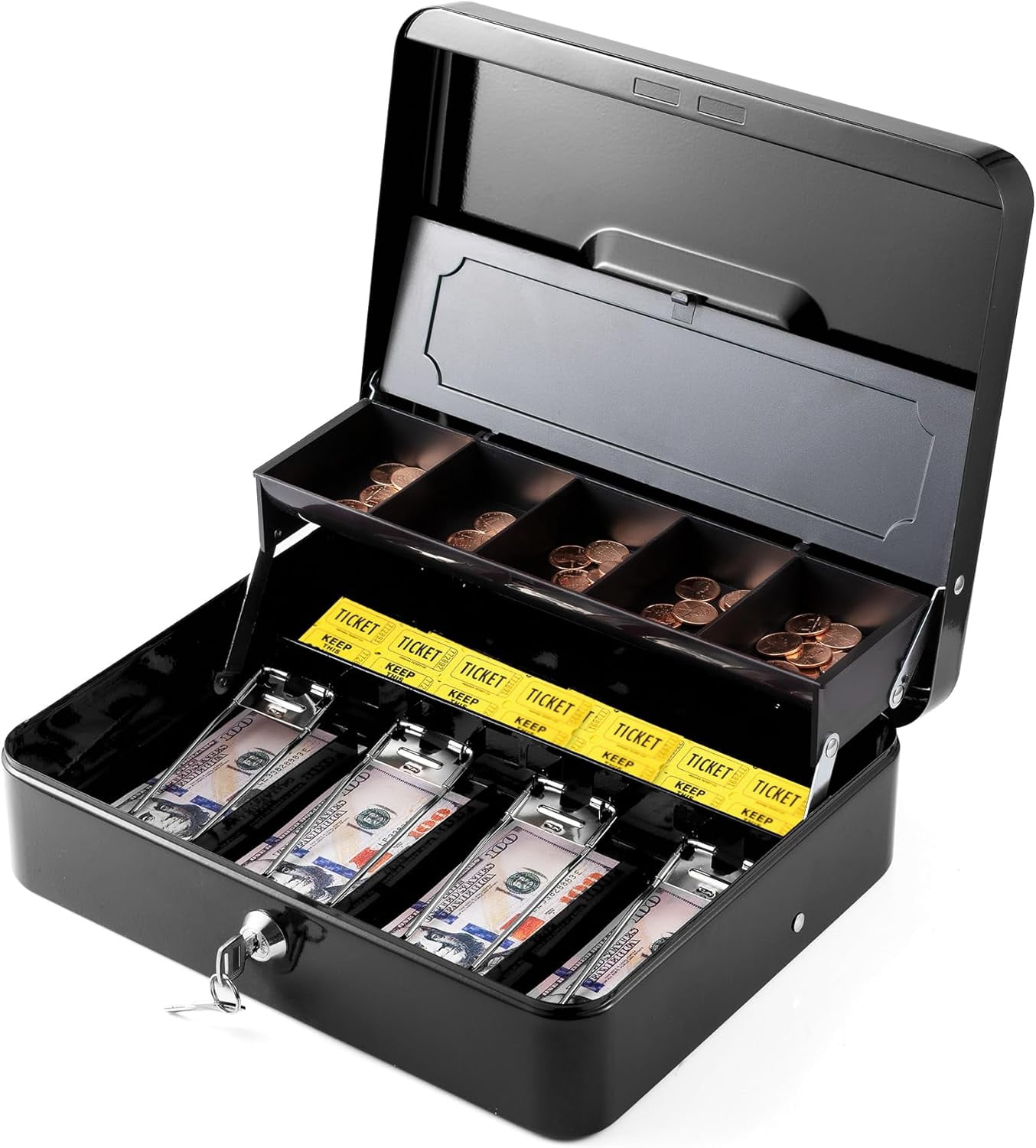 Cash Box with Money Tray, Steel Money Box with Key Lock, 11.8"L x 9.5"W ...