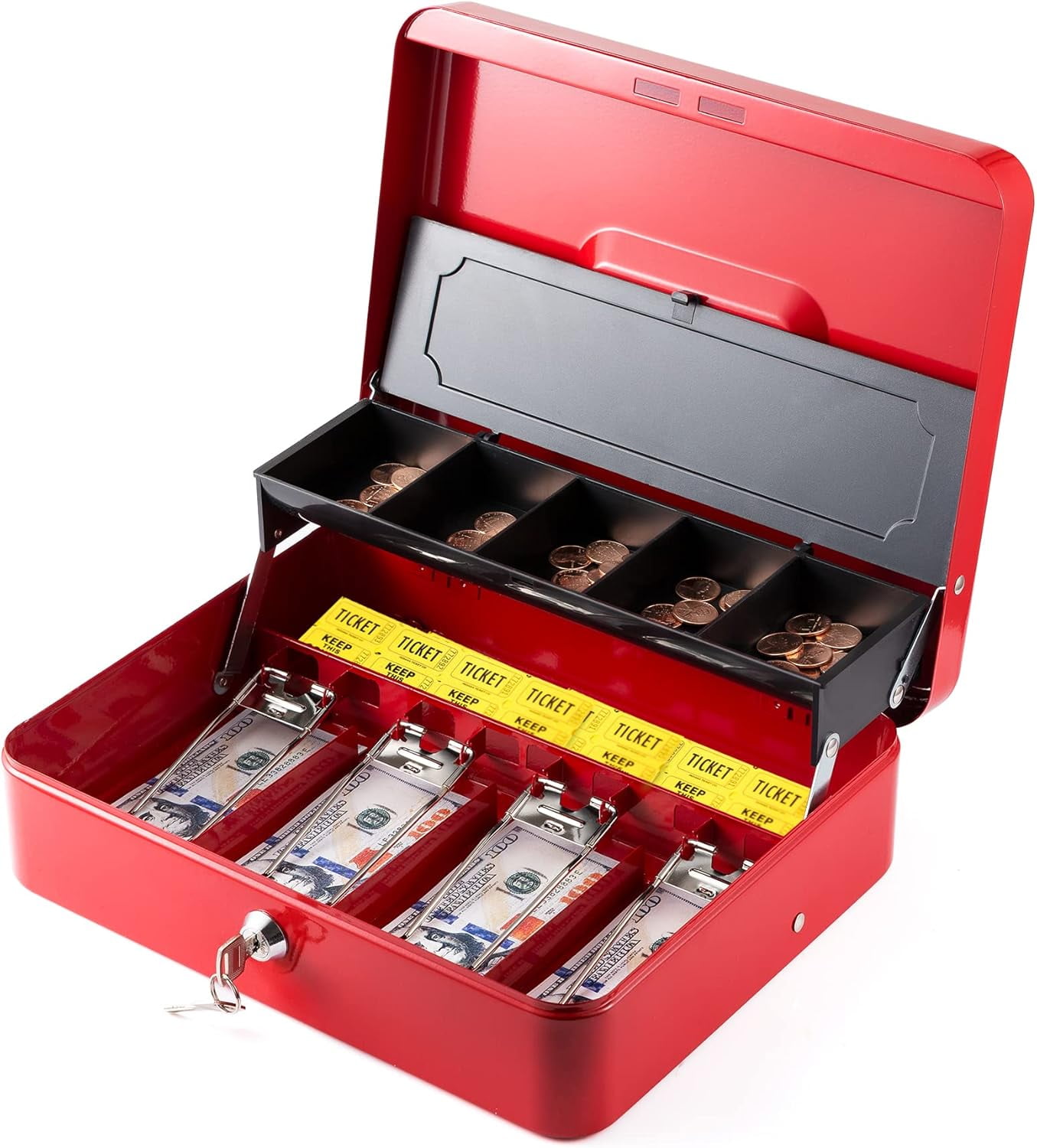 Cash Box with Money Tray, Steel Money Box with Key Lock, 11.8"L x 9.5"W ...