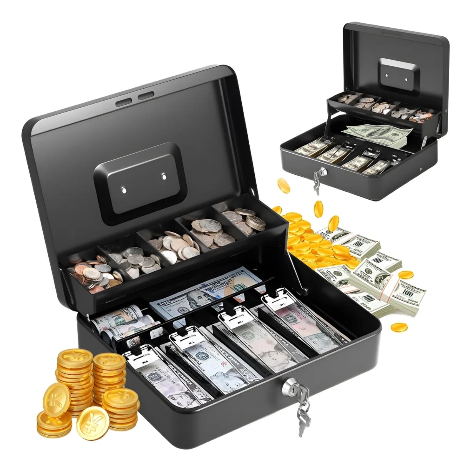 ODDPC, Cash Box with Money Tray and Lock, 11.8x9.44x3.54in, Black ...