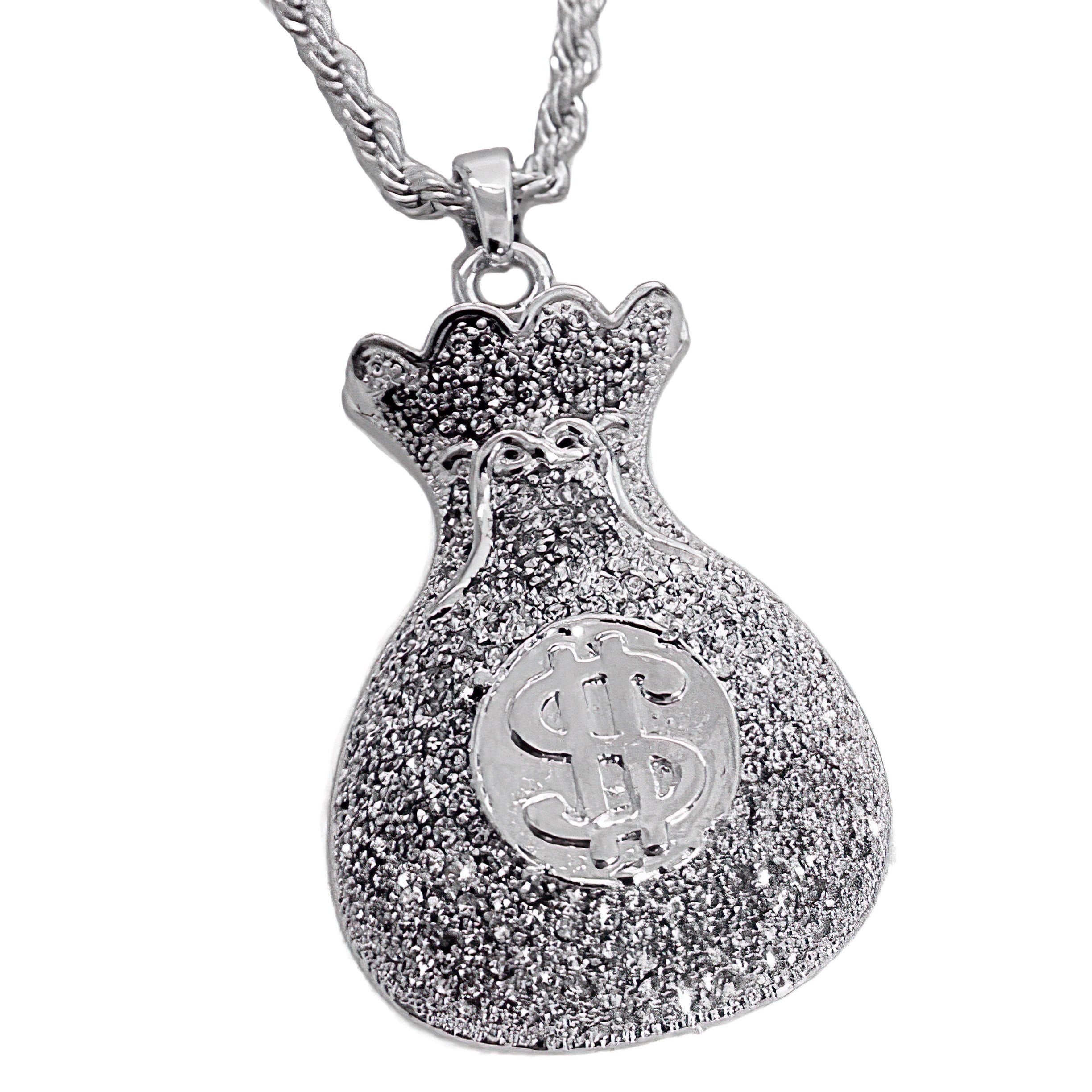 Cash Money Bag Chain Iced Hip Hop Pendant Silver Tone Flooded Out Rope ...