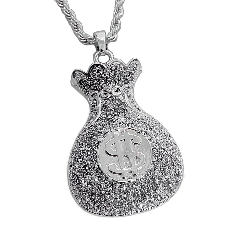 Cash Money Bag Chain Iced Hip Hop Pendant Silver Tone Flooded Out Rope Necklace 24 Inch