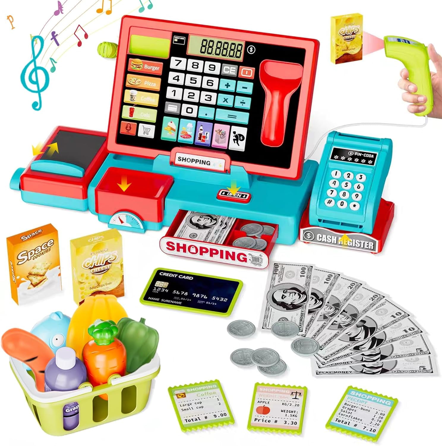 Cash Register Playset Toy for Kids, Real Calculator Register, Pretend ...