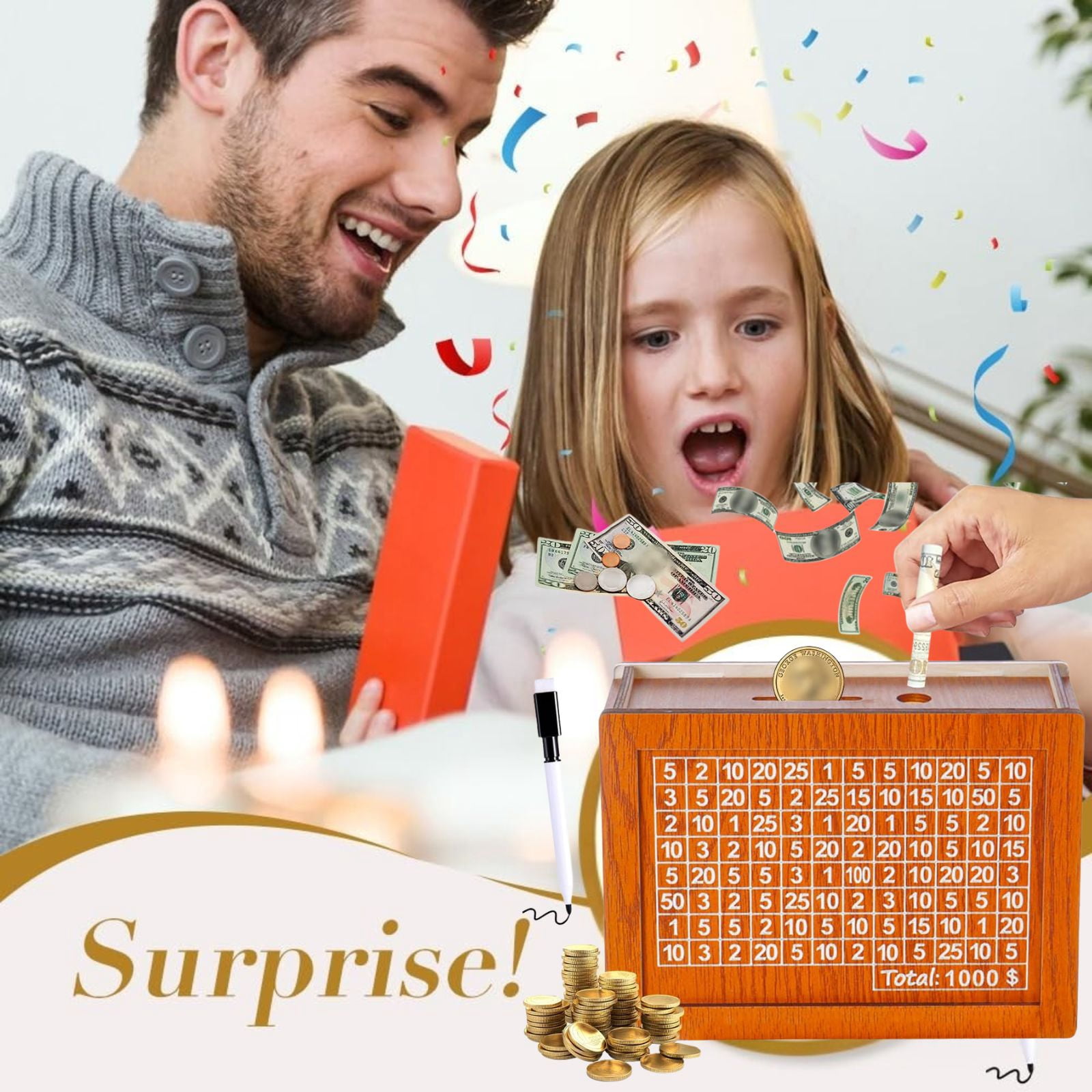 Cash Vault Savings Box 1000, 2026 Wooden Savings Challenge Box 1000 ...