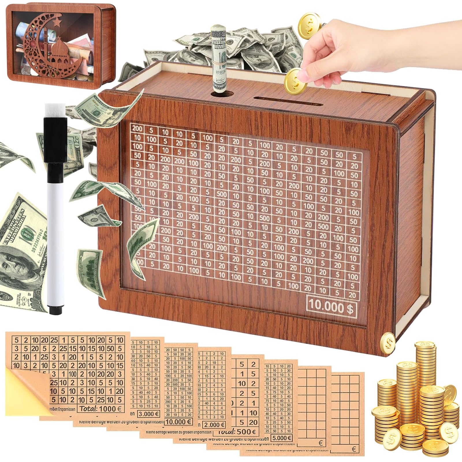 Cash Vault Wooden Savings Box 10000, Wooden Cash Saver Money Box,10000 ...