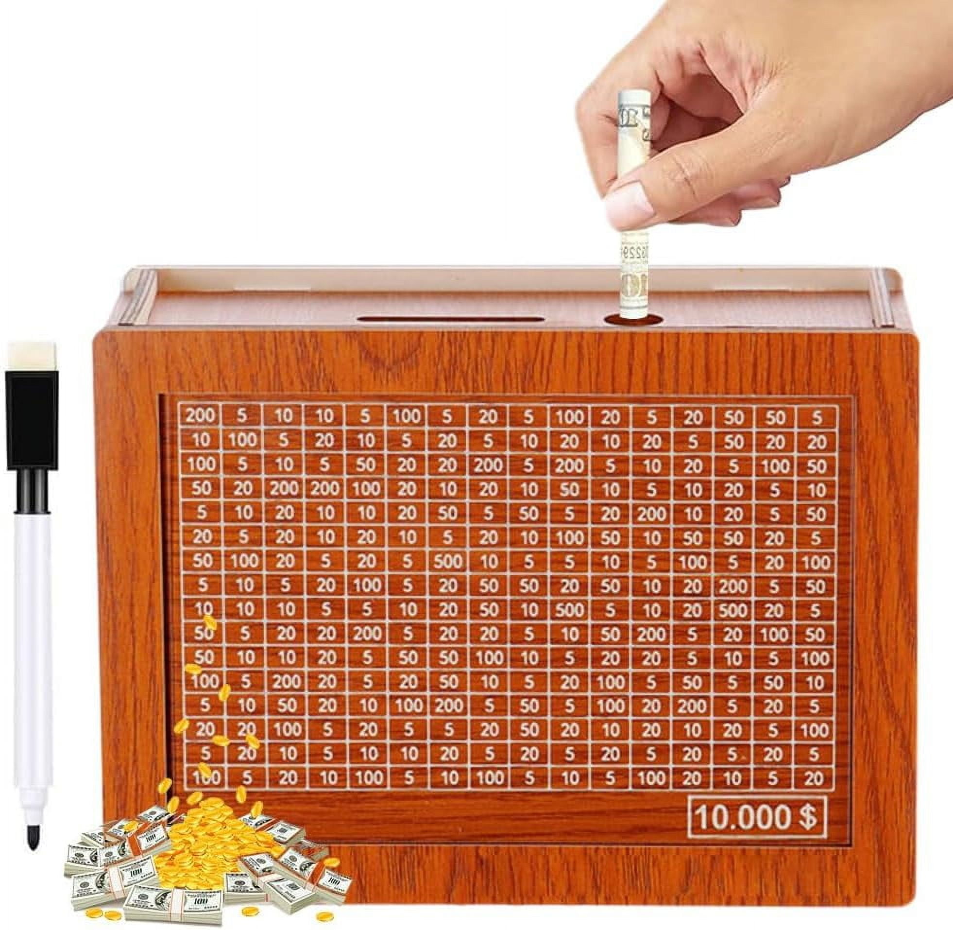 Cash Vault Wooden Savings Box, 10000 Savings Challenge Box Wooden Cash ...