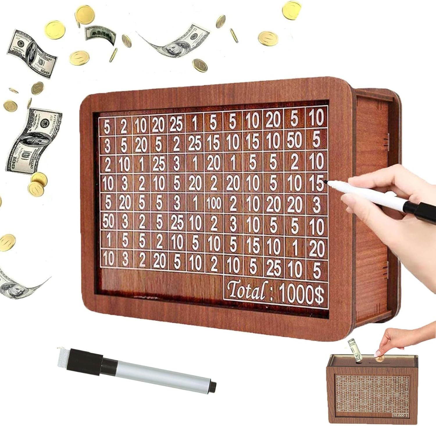 Cash Vault Wooden Savings Box, 2026 New 10K Savings Challenge Money Box ...