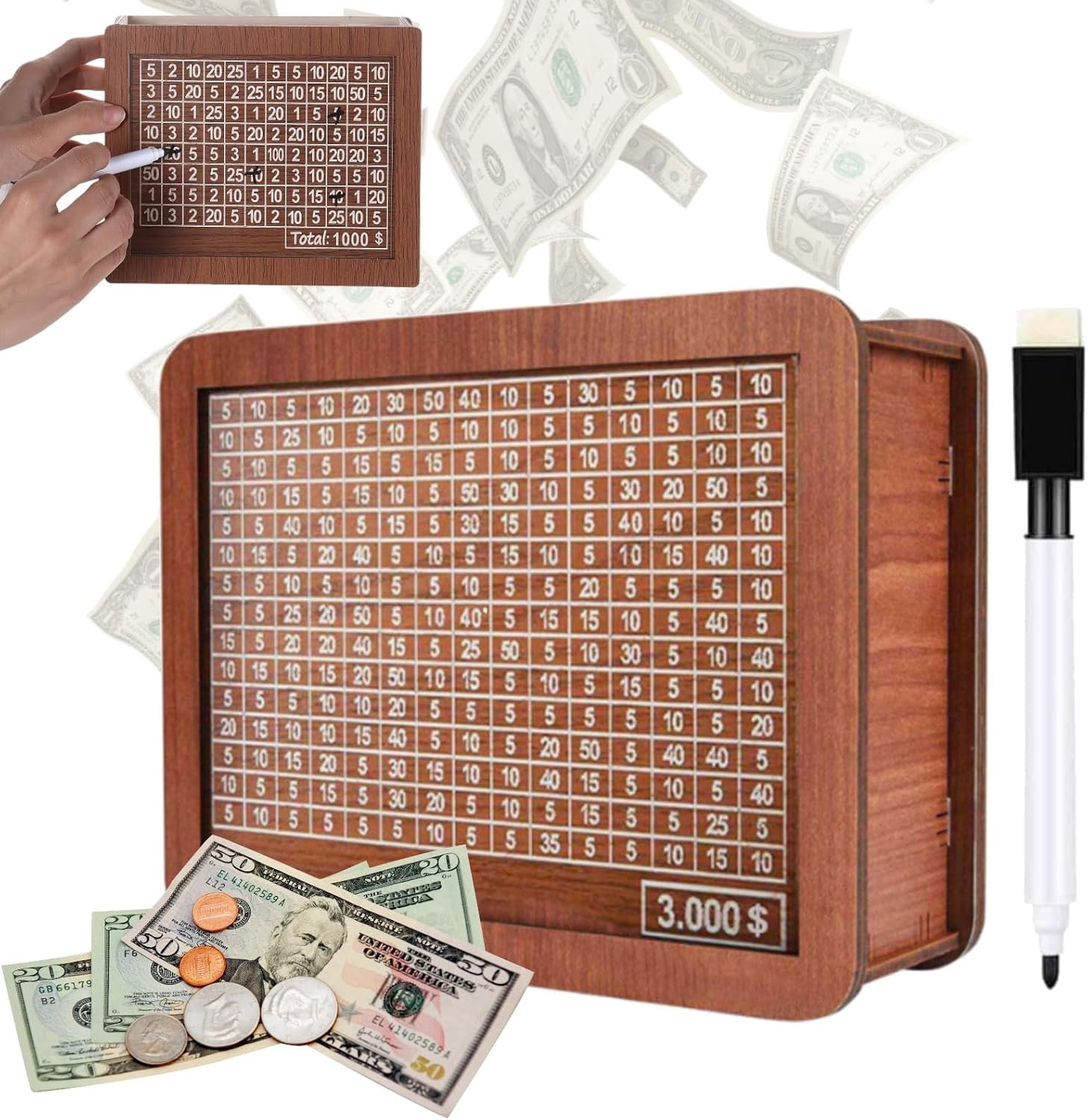 Cash Vault Wooden Savings Box with Acrylic Panel & Marker Pen,4-Target ...