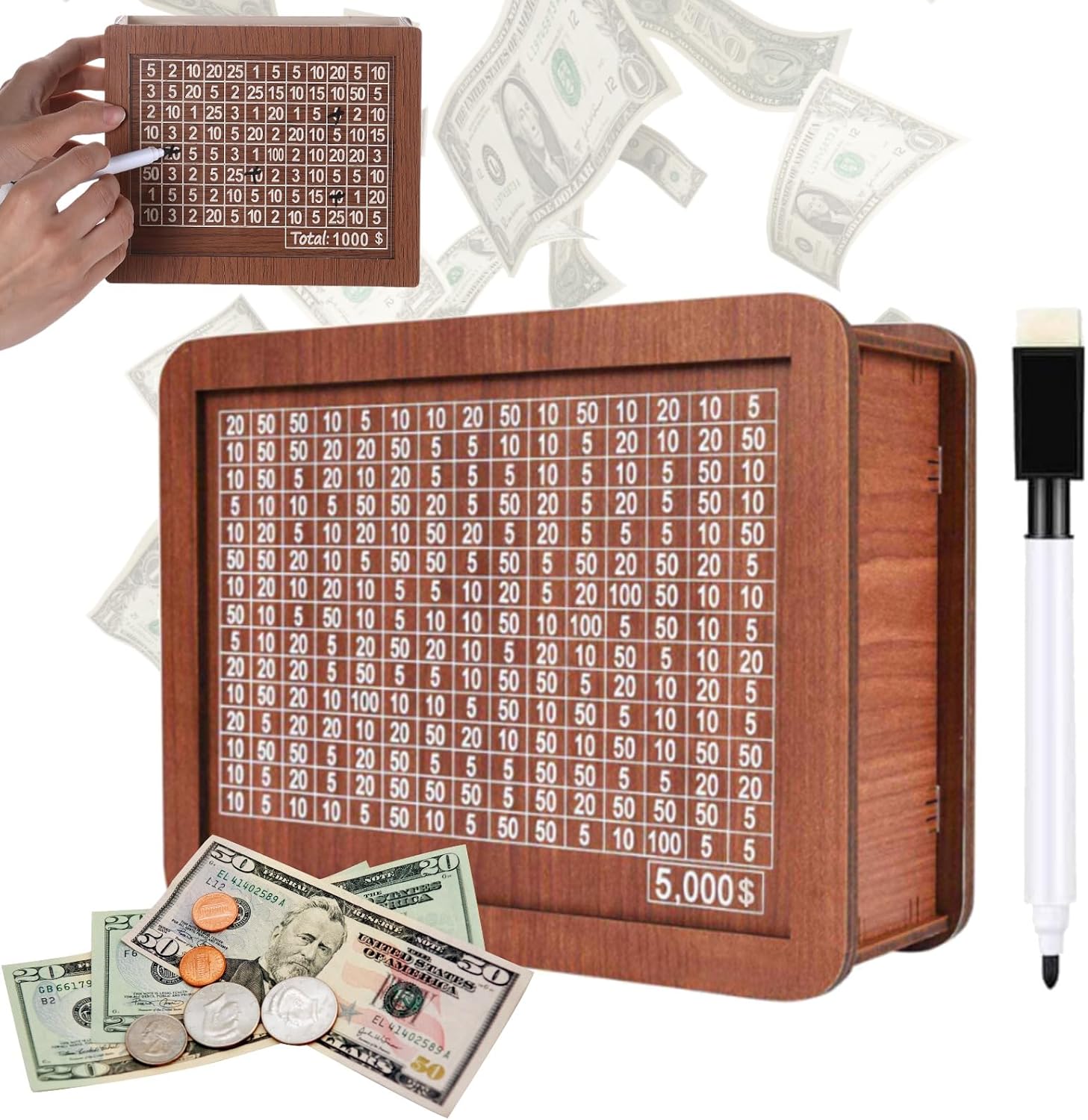 Cash Vault Wooden Savings Box with Acrylic Panel & Marker Pen,4-Target ...