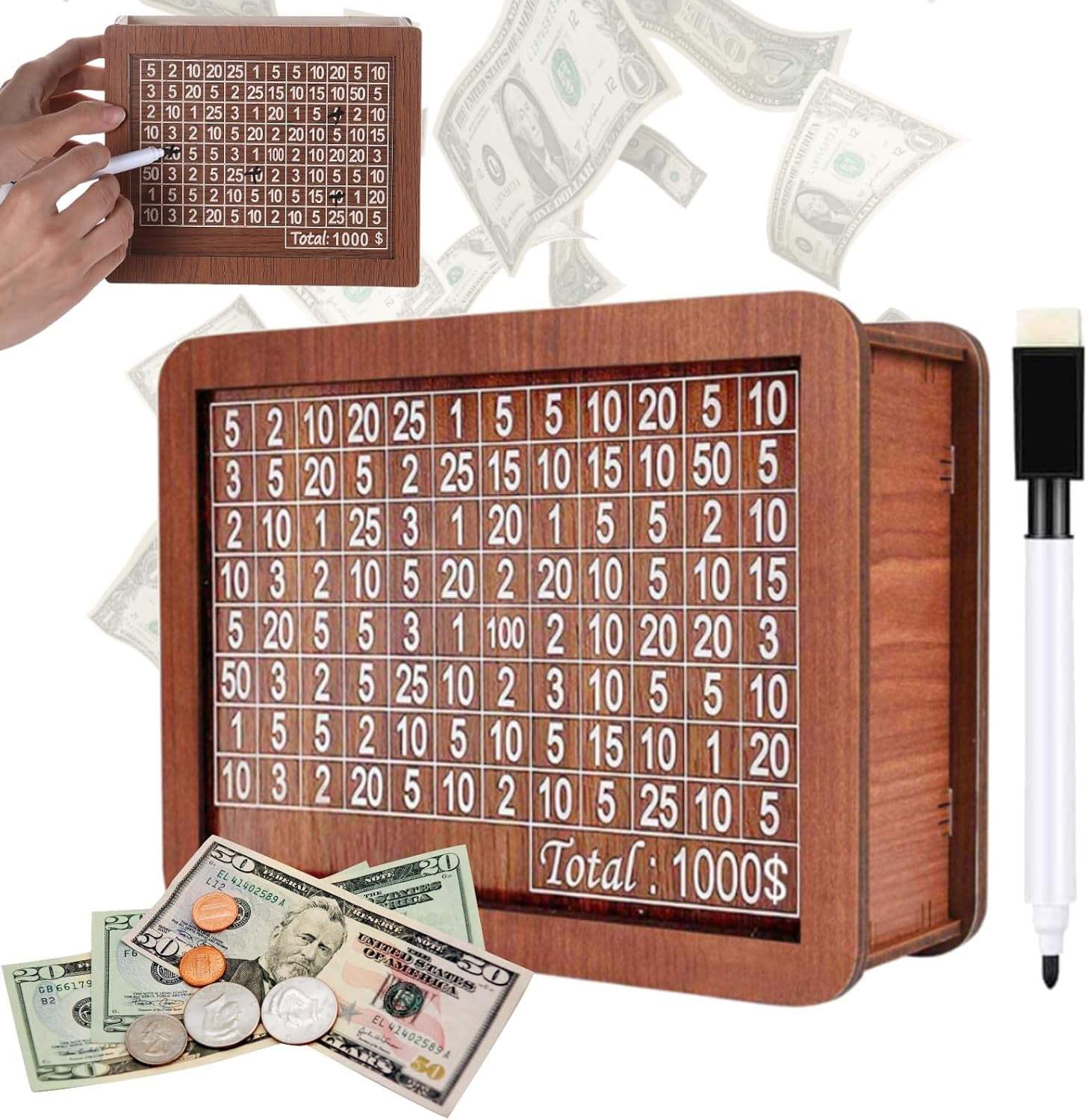 Cash Vault Wooden Savings Box with Acrylic Panel & Marker Pen,4-Target ...