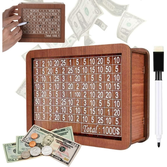 Cash Vault Wooden Savings Box with Acrylic Panel & Marker Pen,4-Target ...